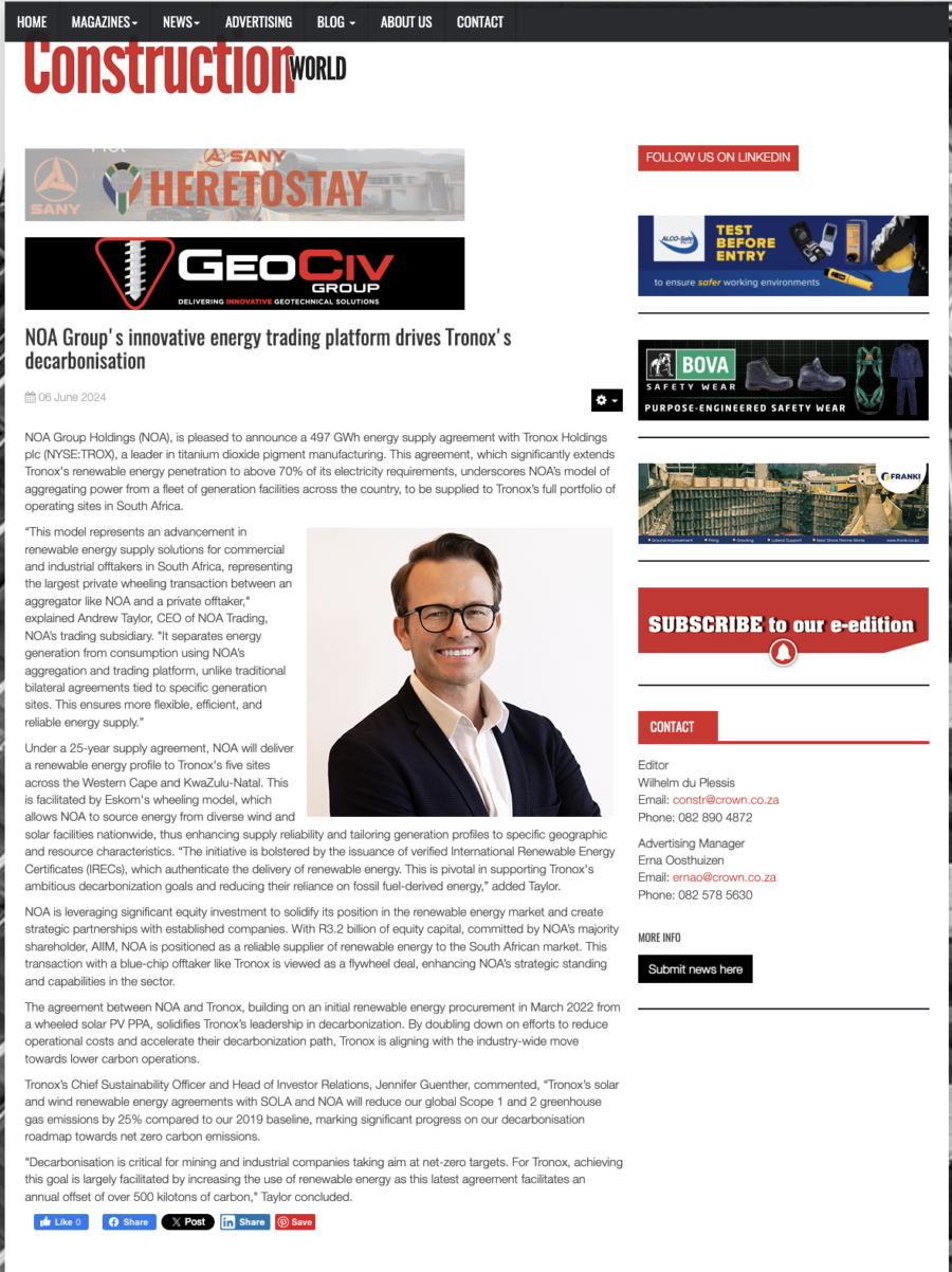 NOA Appears In Construction World For Tronox Initiative - NOA Group