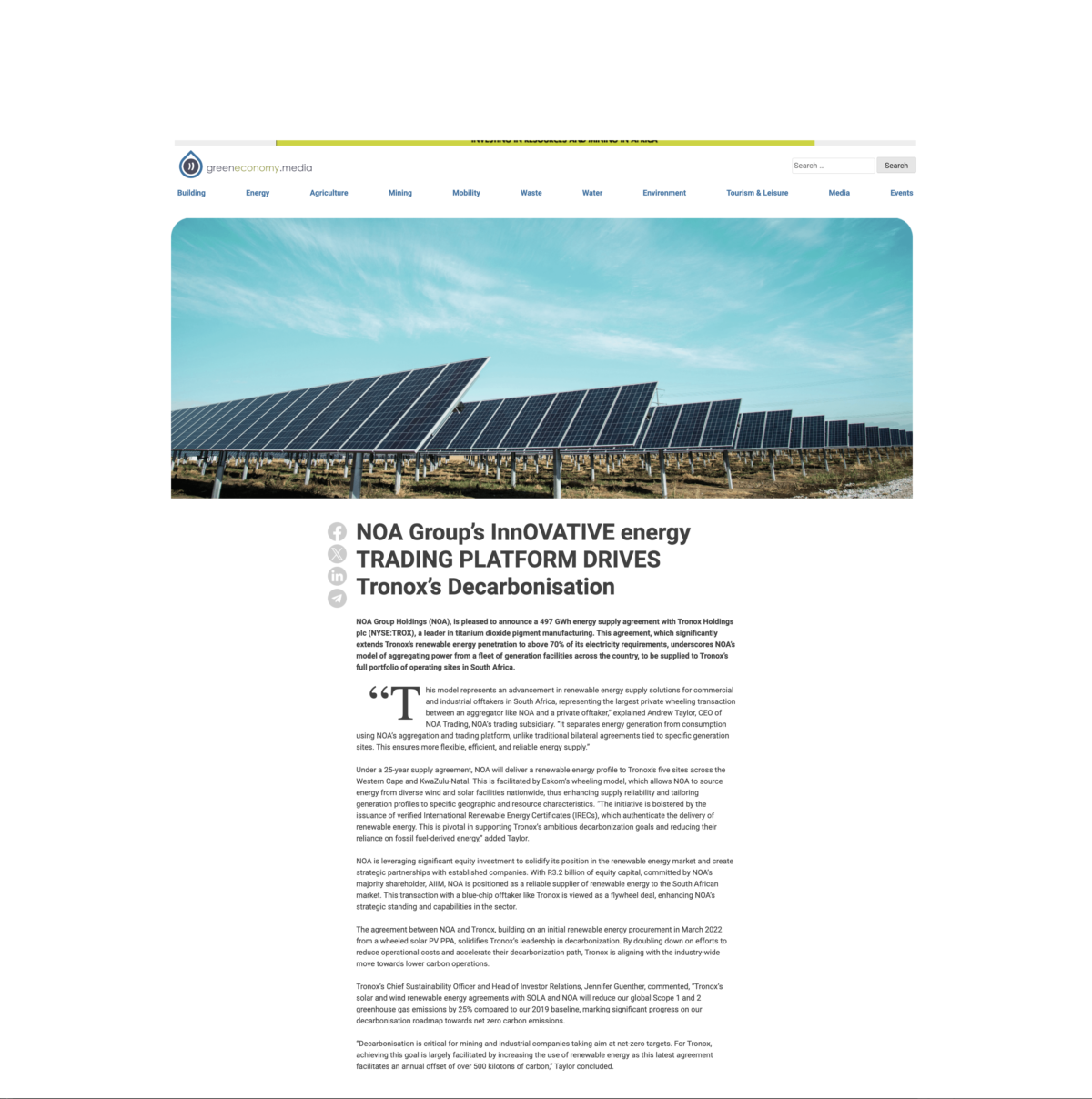 NOA Featured in Green Economy media for Tronox - NOA Group