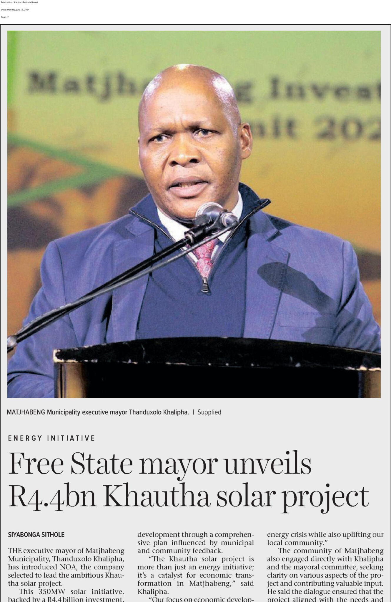 The Star Pretoria Features NOA Group for Khauta Acquisition - NOA Group